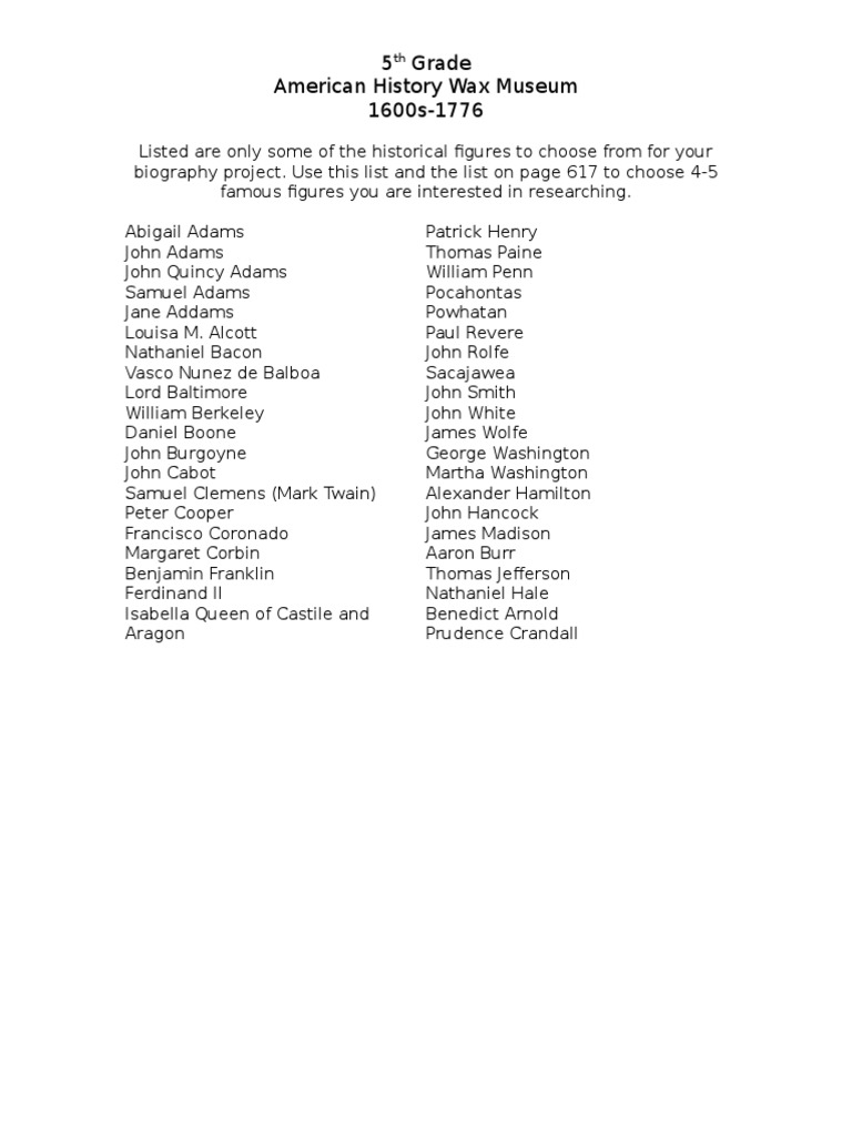 5th Grade American History Figures | PDF | History