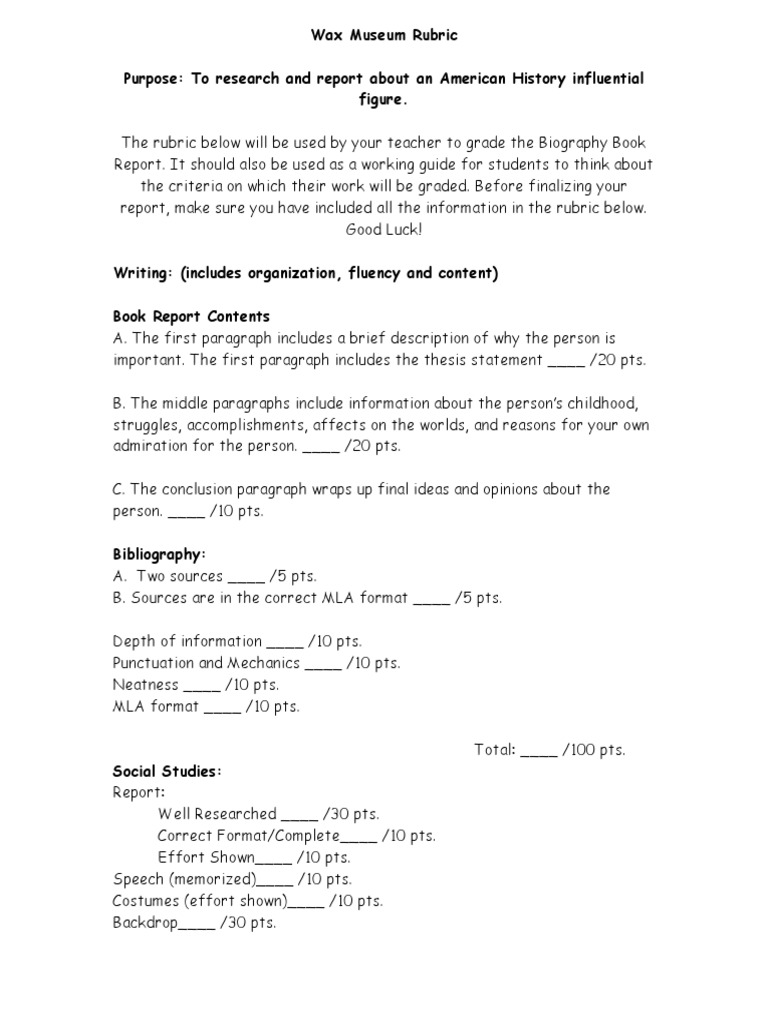 Wax Museum Rubric | PDF | Rubric (Academic) | Behavior Modification