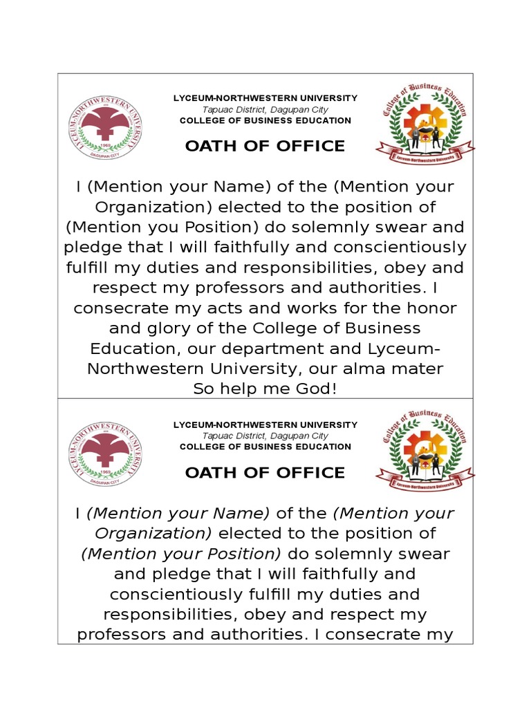 Oath of Office: Organization) Elected To The Position of (Mention Your ...