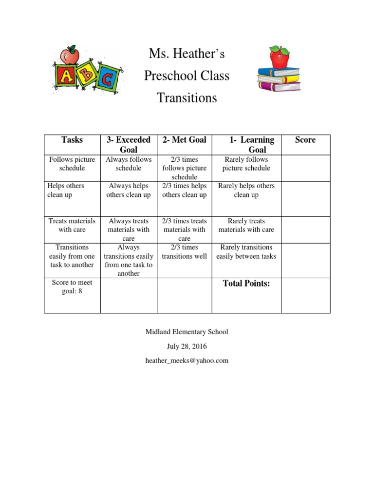 Preschool Class Transition Assessment | PDF | Career & Growth