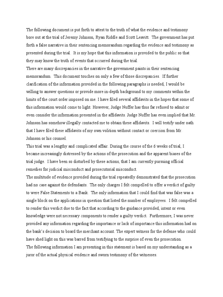 Juror Kathie Cox Statement | PDF | Witness | Credit Card