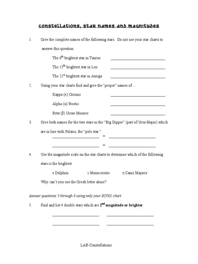 Constellation and Star Name Lab Guide | PDF