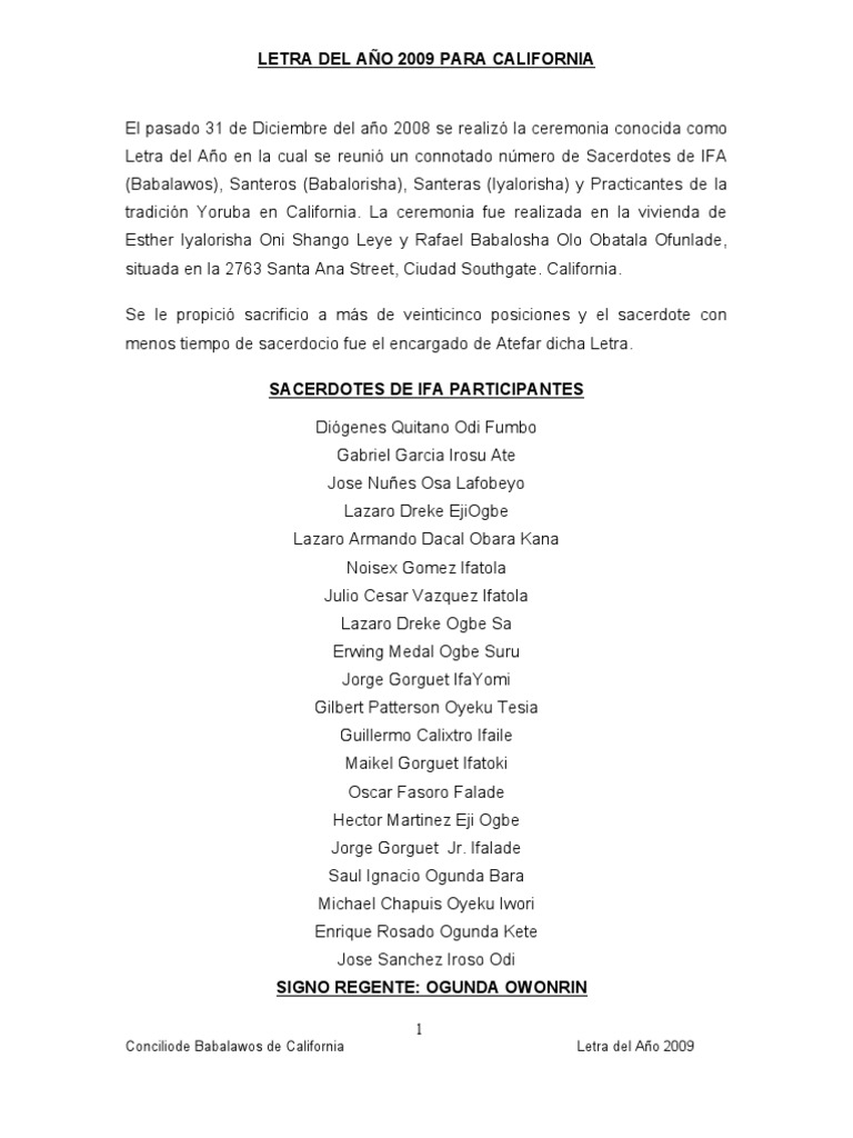 IFA Letra 2009 California | PDF | Santeria | Religión y creencia