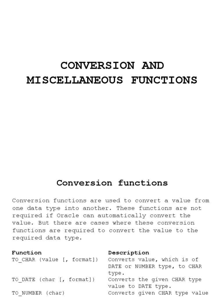 6-1. Conversion and Miscellaneous Functions | PDF | Data Type | Computer Programming
