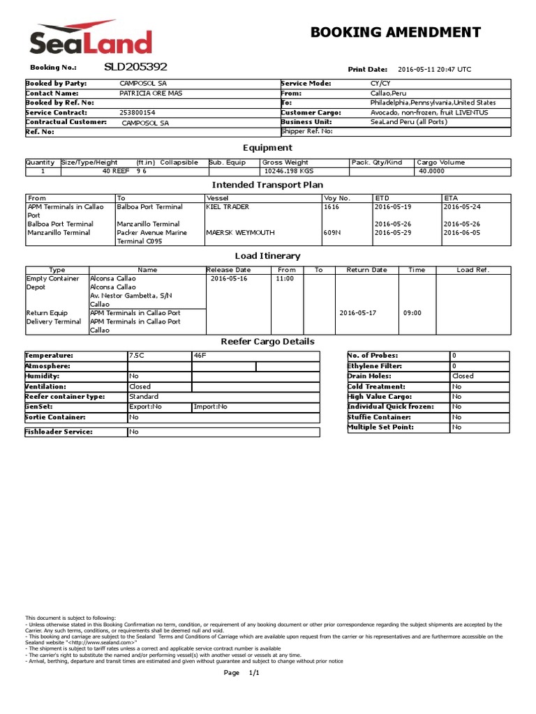 Booking Amendment For Avocado Shipment Pdf