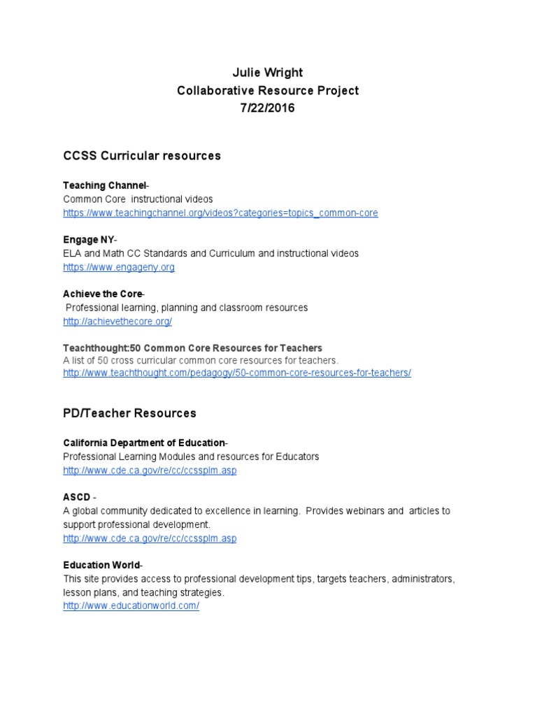 Julie Wright Collaborative Resource Project 7/22/2016: Teaching Channel ...