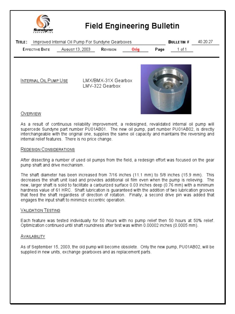 Gearbox Improved Oil Pump Sundyne 40-20-27 Field Engineering Bulletin | PDF