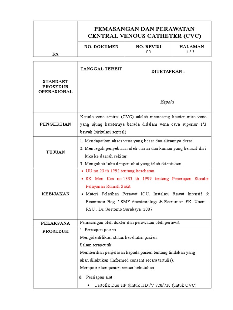 Persiapan Dan Perawatan Kanula Vena Sentral (SOP Tambahan) 1 | PDF