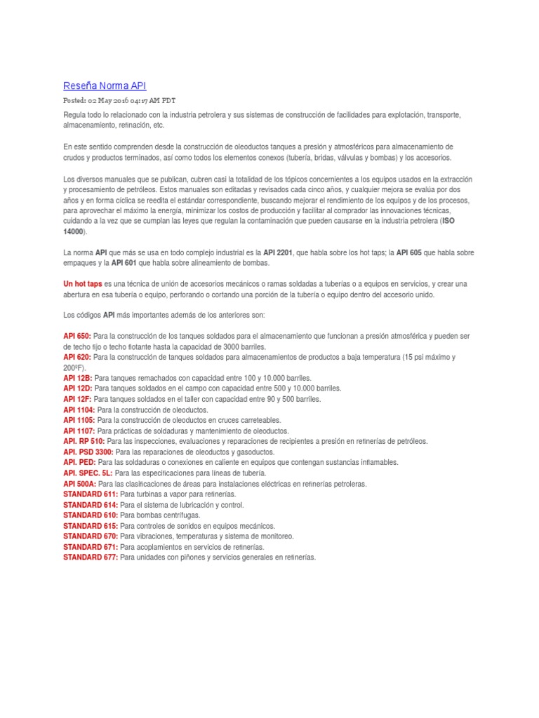 Reseña Norma API | PDF | Industria petrolera | Petróleo