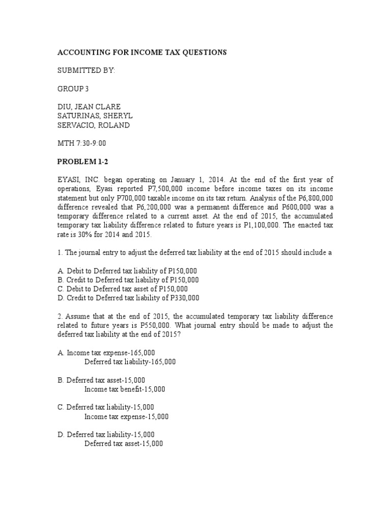 Accounting For Income Tax Questions | PDF | Deferred Tax | Tax Expense