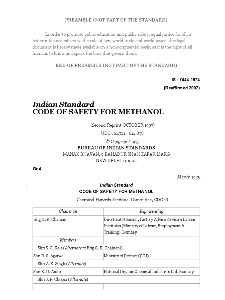 Indian Standard - Code of Safety For Methanol | PDF | Methanol | Truck