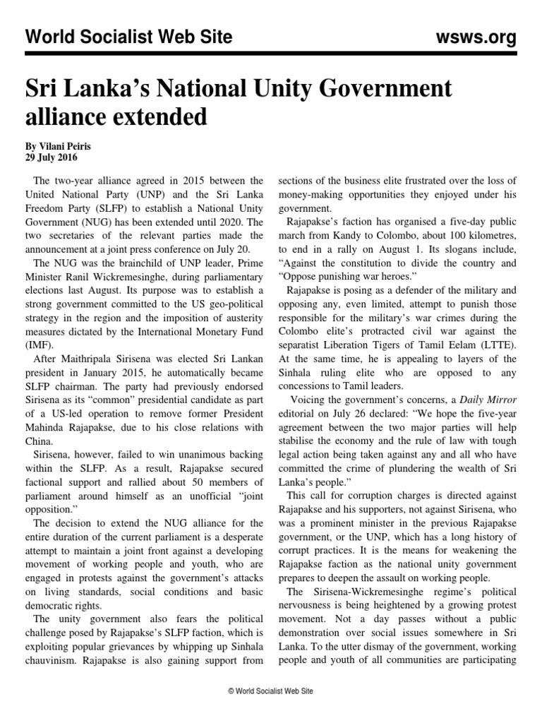 Sri Lanka's National Unity Government Alliance Extended: World ...