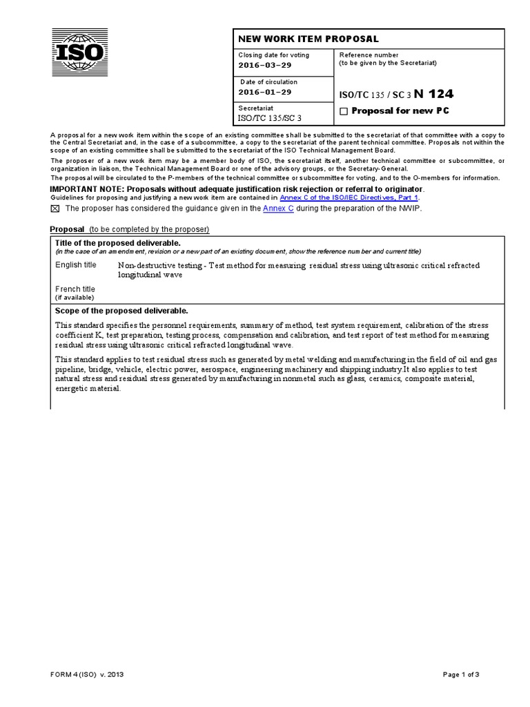 ISO TC 135 SC 3 N124 NWIP Test Method For Measuring Residual Stress ...