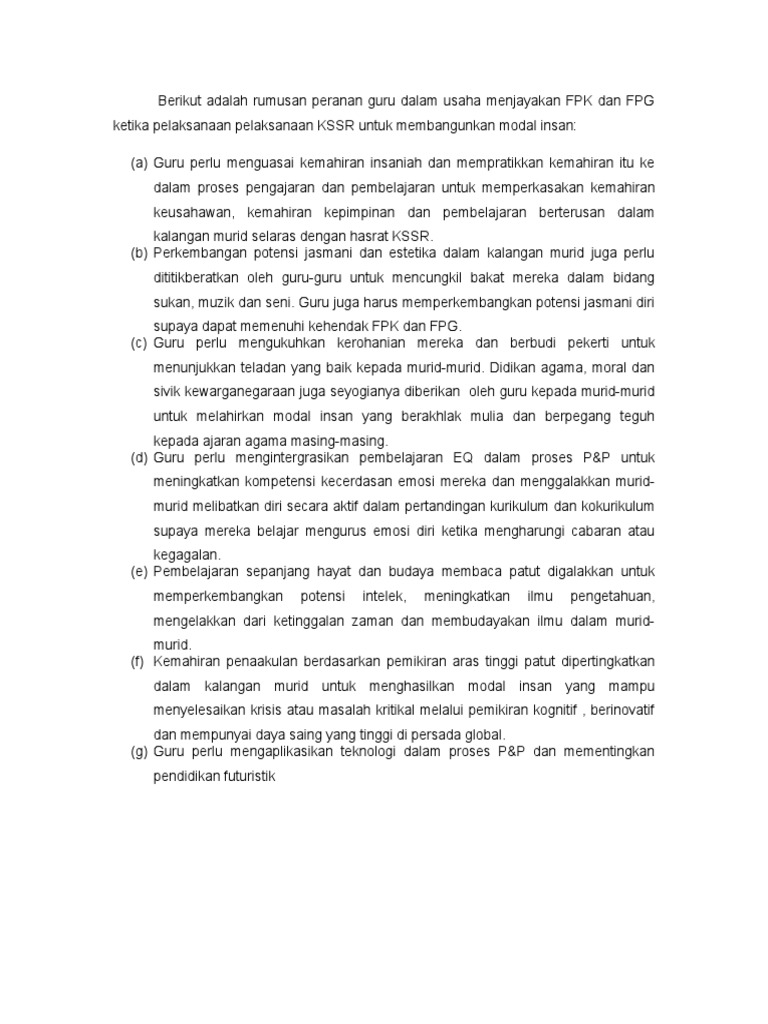 Berikut Adalah Rumusan Peranan Guru Dalam Usaha Menjayakan FPK Dan FPG Ketika Pelaksanaan ...