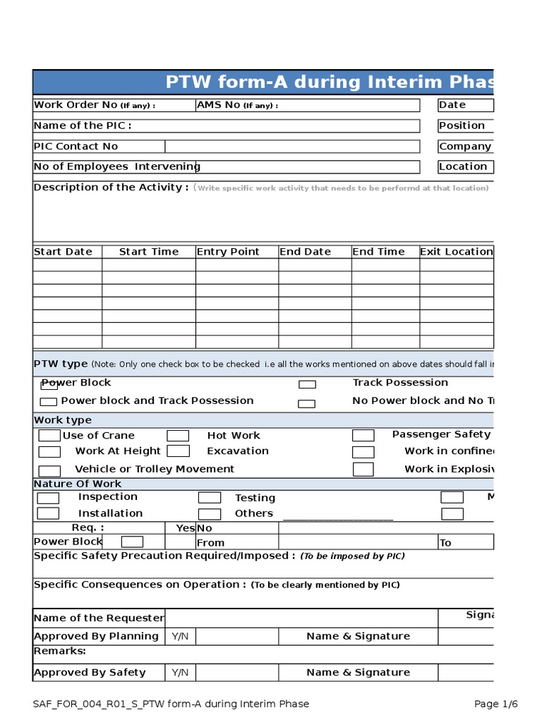 PTW Form-A for Interim Phase Safety | PDF | Transport | Business