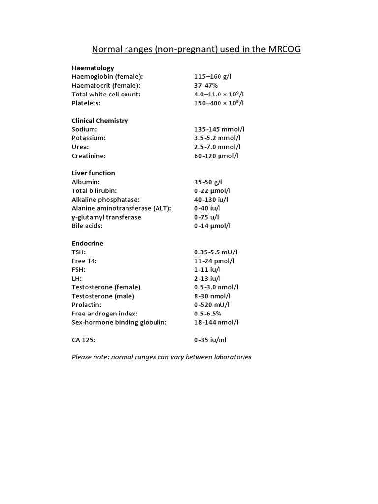 Mrcog Normal Ranges | PDF | Cooking, Food & Wine