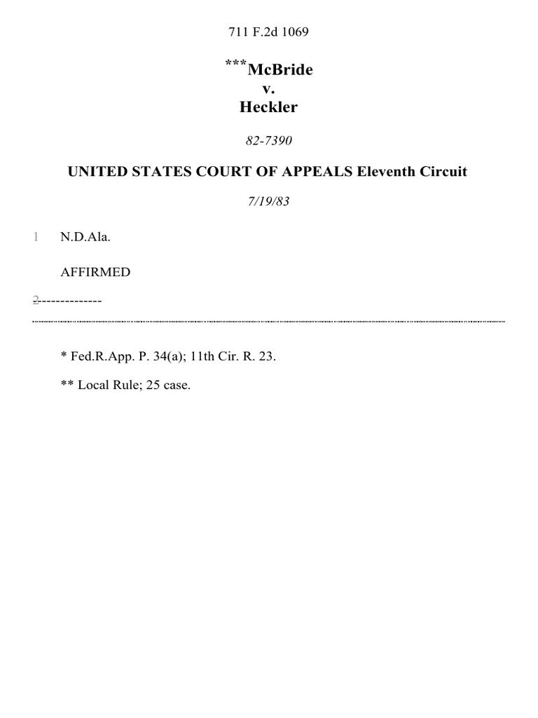 McBride v. Heckler, 711 F.2d 1069, 11th Cir. (1983) | PDF | Sports ...