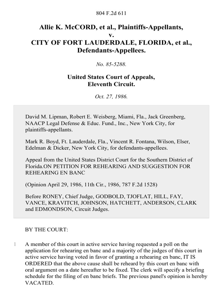 Allie K. McCord v. City of Fort Lauderdale, Florida, 804 F.2d 611, 11th ...