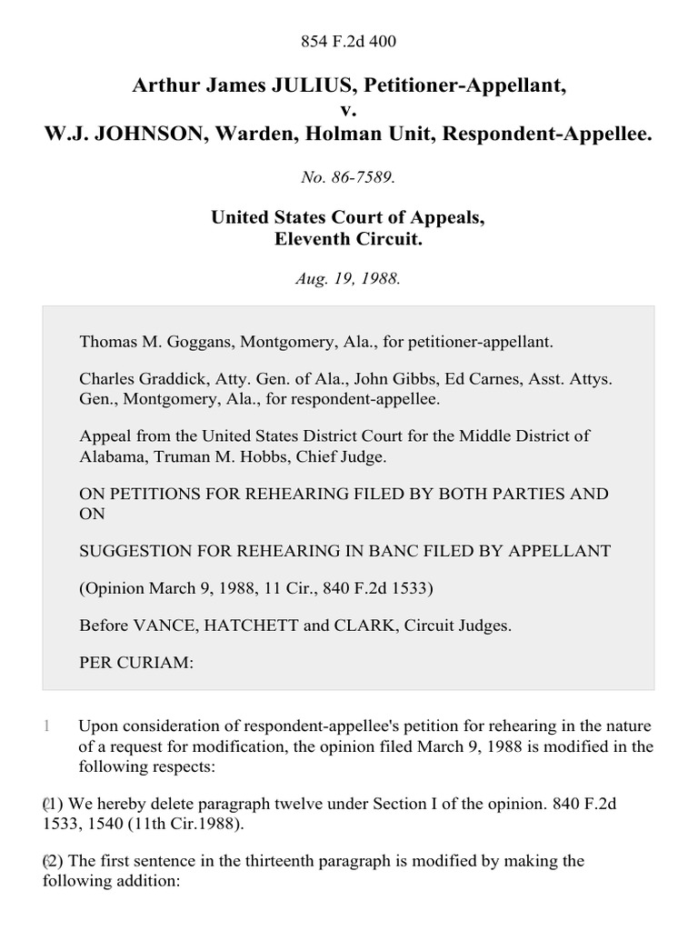 Arthur James Julius v. W.J. Johnson, Warden, Holman Unit, 854 F.2d 400 ...