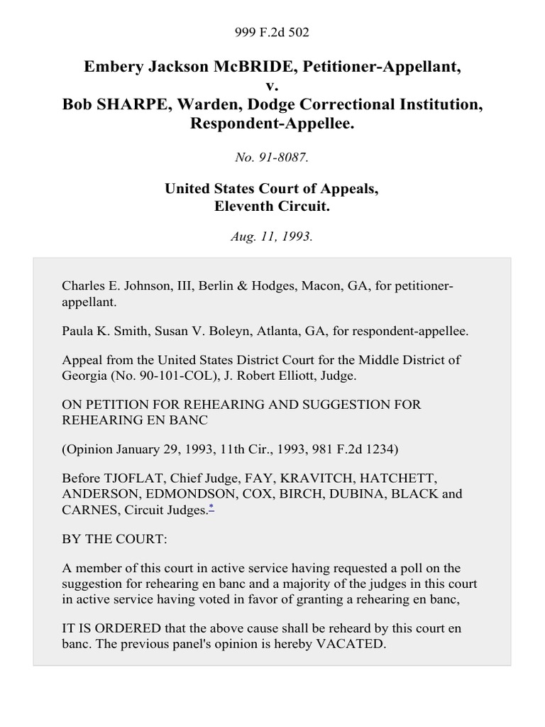 Embery Jackson McBride v. Bob Sharpe, Warden, Dodge Correctional Institution, 999 F.2d 502, 11th ...