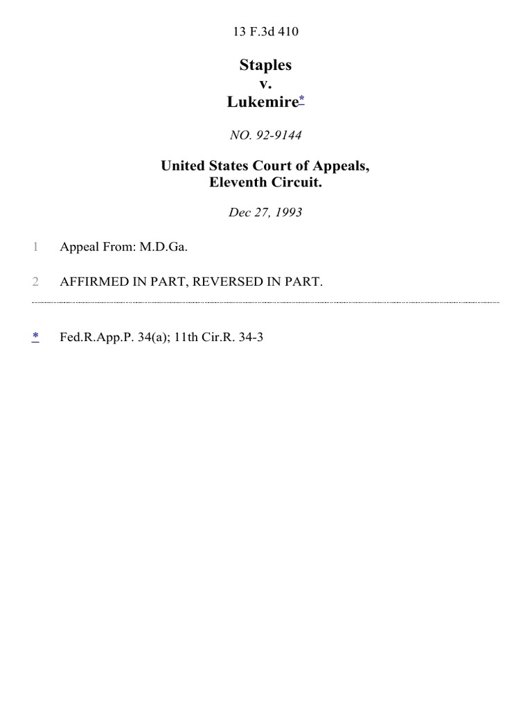 Staples v. Lukemire, 13 F.3d 410, 11th Cir. (1993) | PDF