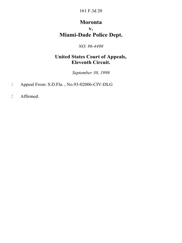 Moronta v. Miami-Dade Police Dept, 161 F.3d 20, 11th Cir. (1998) | PDF