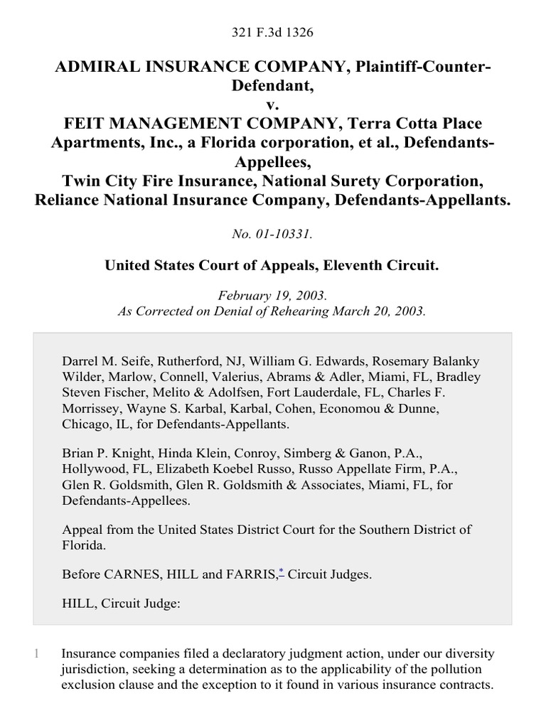 Admiral Insurance Company v. Feit Management Company, Terra Cotta Place ...