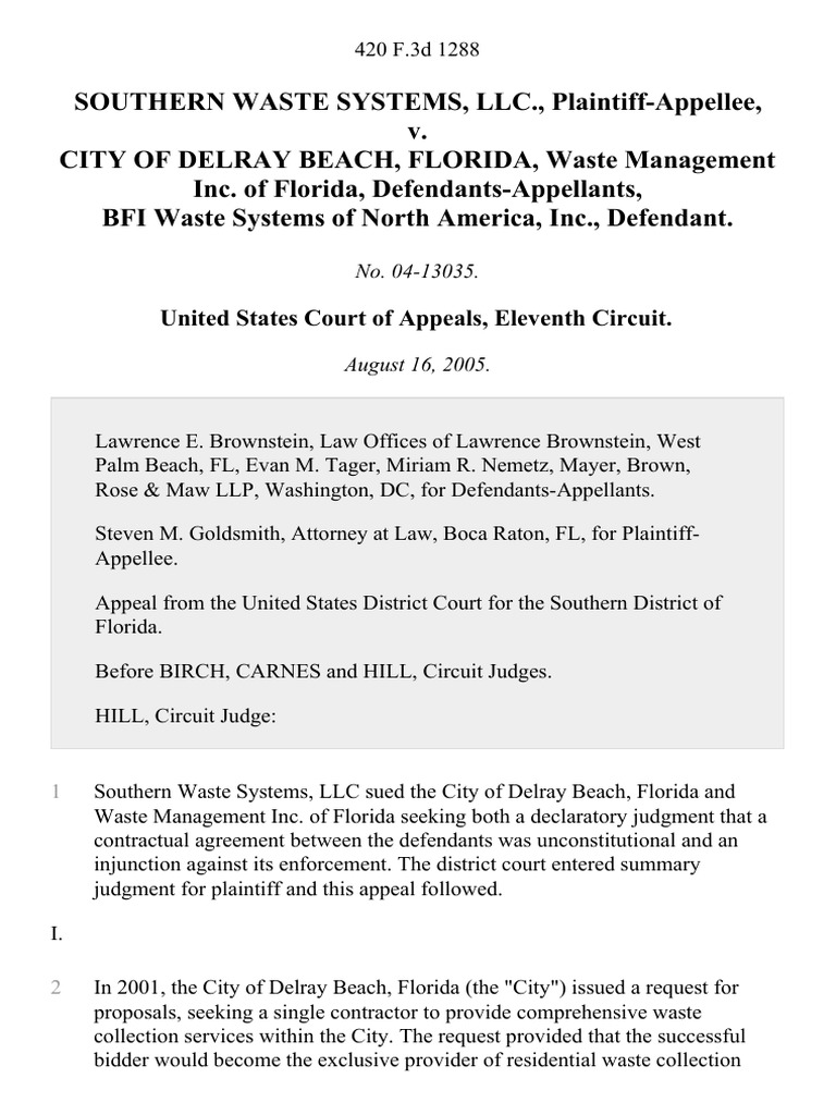 Southern Waste Systems v. City of Delray Beach, 420 F.3d 1288, 11th Cir ...