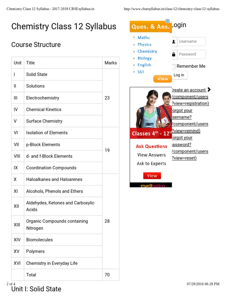 Chemistry Class 12 Syllabus: Login | PDF