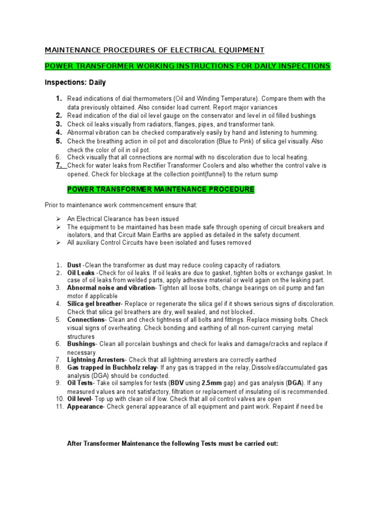 Maintenance Procedures of Electrical Equipment | PDF | Battery ...