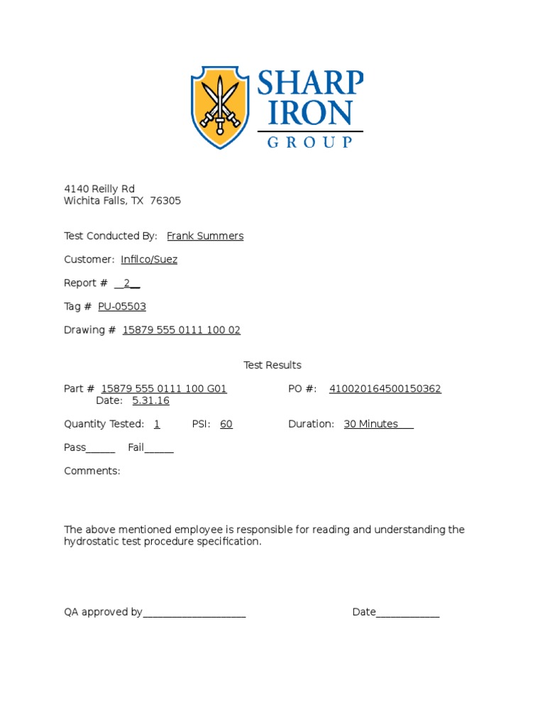 Hydrostatic Test Form For Low Pressure Vessels | PDF