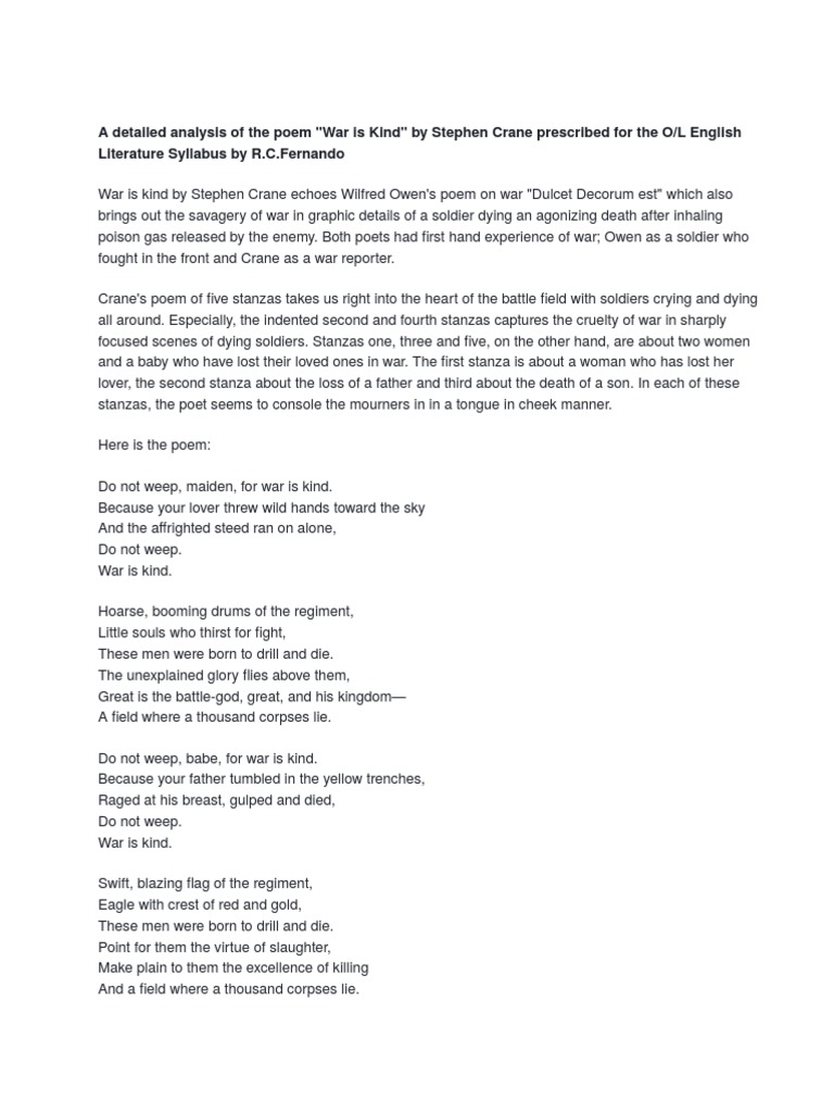 Analysis of Crane's "War is Kind" Poem | PDF | Poetry | Unrest