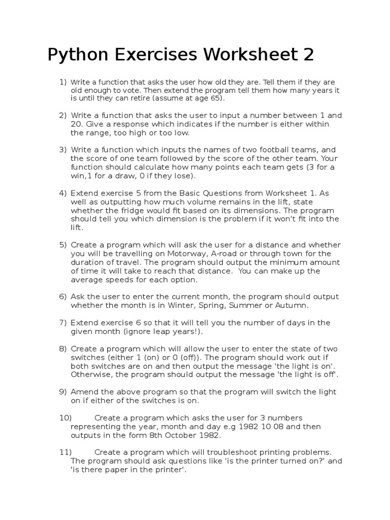 Python Exercises Worksheet 2 | PDF