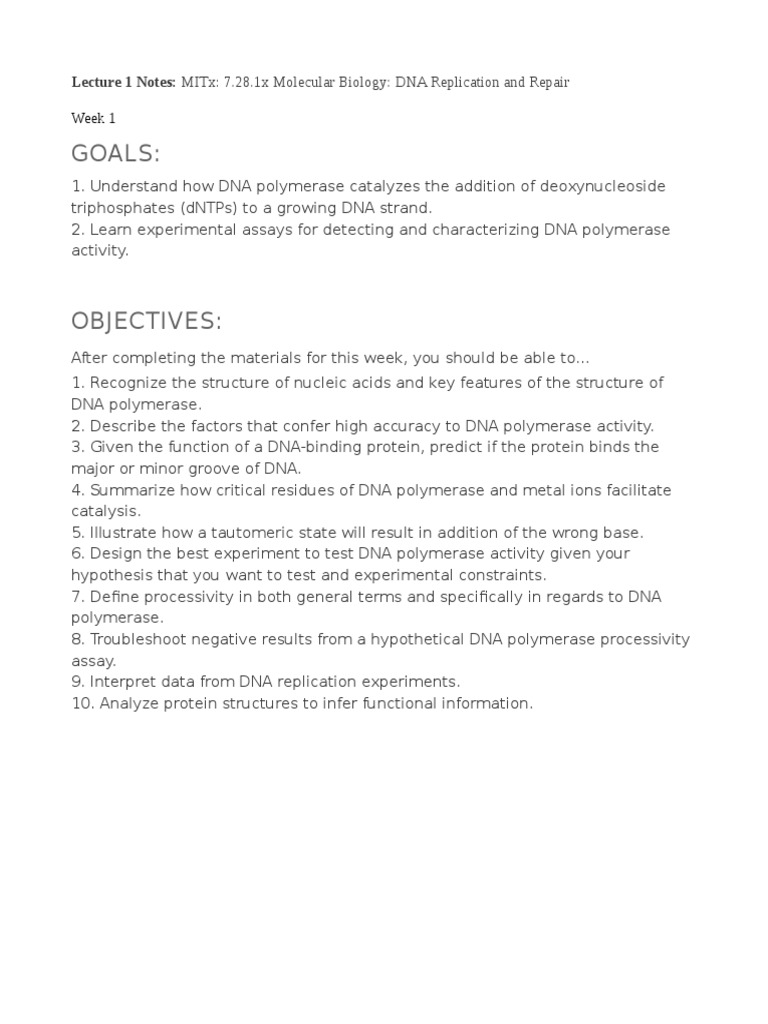 Lecture 1 Notes - MITx - 7.28.1x Molecular Biology - DNA Replication ...