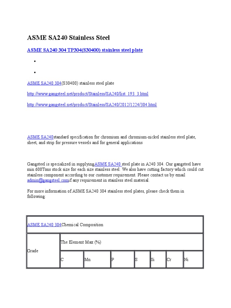 ASME SA240 Stainless Steel | PDF