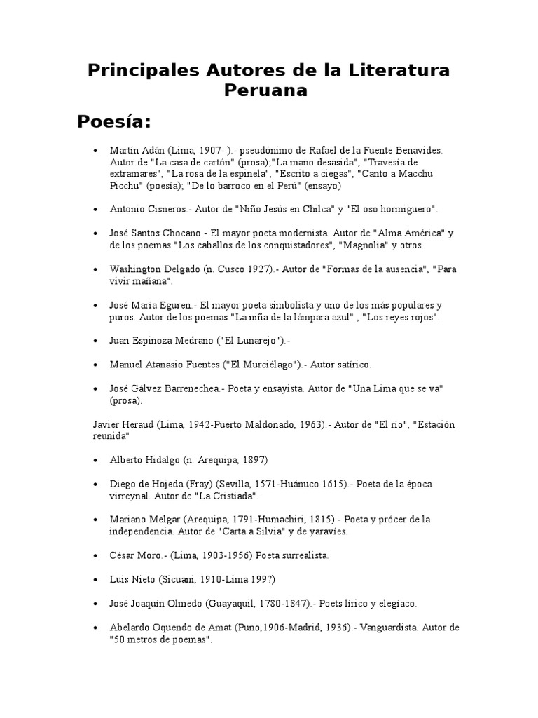 Principales Autores de La Literatura Peruana | Descargar gratis PDF ...