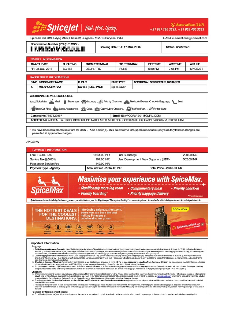 SpiceJet_E-ticket_PNR Z1MS5B - 08 Jul 2016 Delhi-Pune for MR. RAJ ...