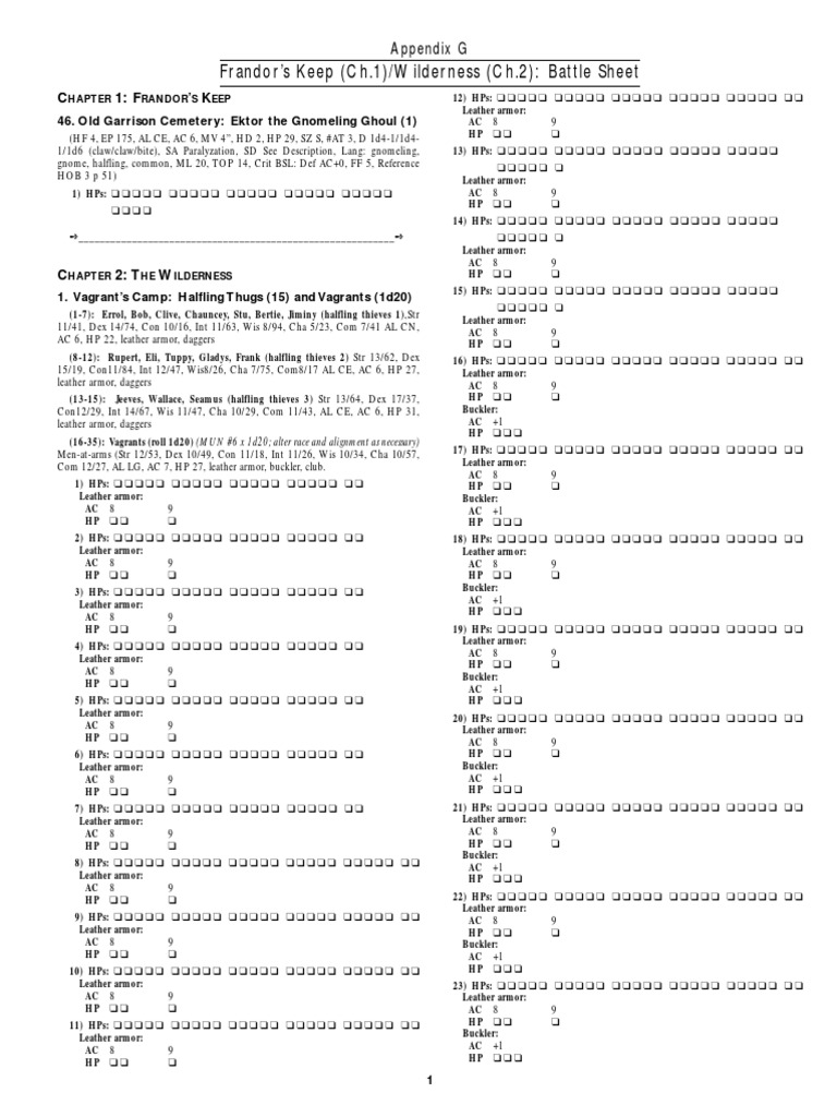 Frandor's Keep (Ch.1) /wilderness (Ch.2) : Battle Sheet: Appendix G ...