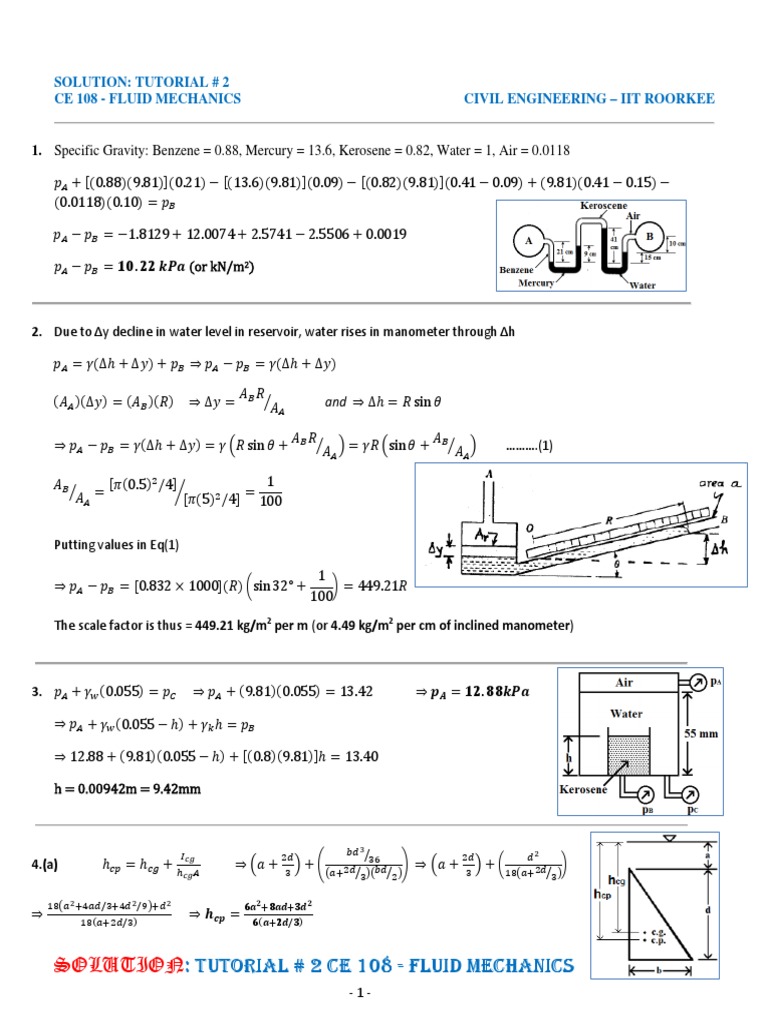 Tutorial # 2 Ce 108 - Fluid Mechanics: Solution | PDF | Liquids | Physics