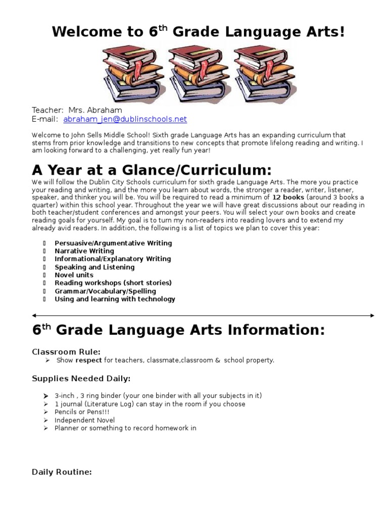 Welcome To 6th Grade Language Arts | PDF | Homework | Curriculum