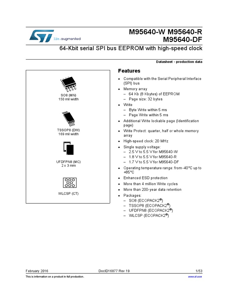 M95640-W M95640-R M95640-DF: 64-Kbit Serial SPI Bus EEPROM With High-Speed Clock | PDF | Input ...