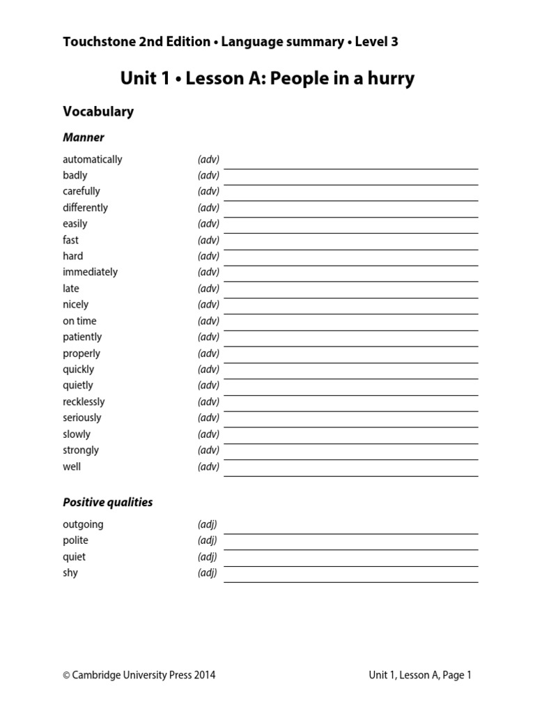 Unit 1 - Lesson A: People in A Hurry: Touchstone 2nd Edition - Language Summary - Level 3 | PDF ...