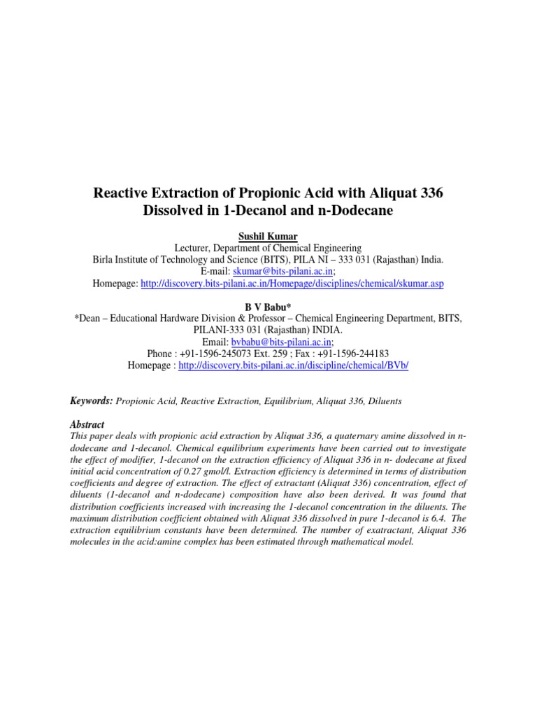 Reactive Extraction of Propionic Acid With Aliquat 336 Dissolved in 1-Decanol and N-Dodecane ...
