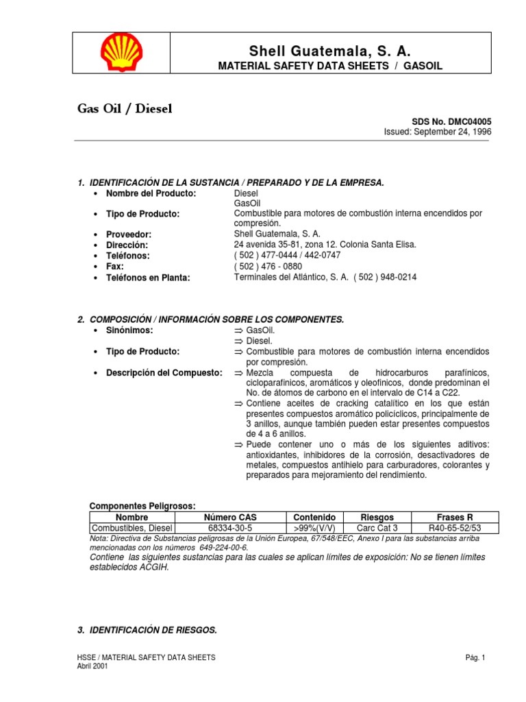 Gasoil Shell Guatemala Hoja de Datos de Seguridad | PDF | Contaminación ...