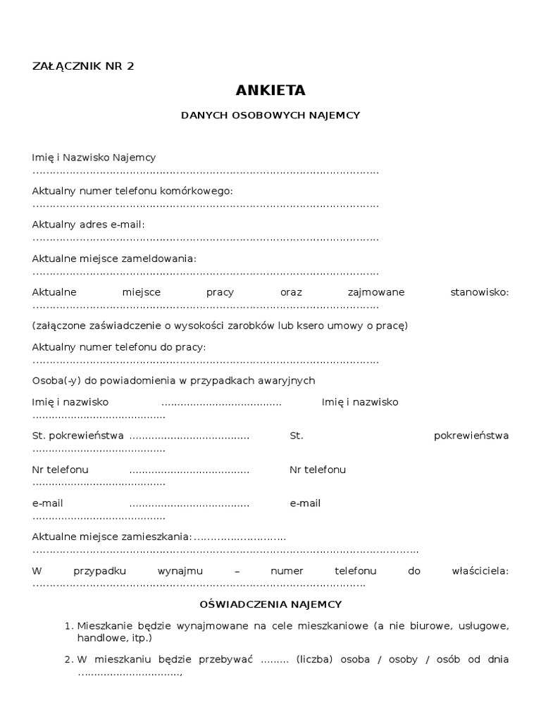 Ankieta Danych Osobowych Najemcy | PDF