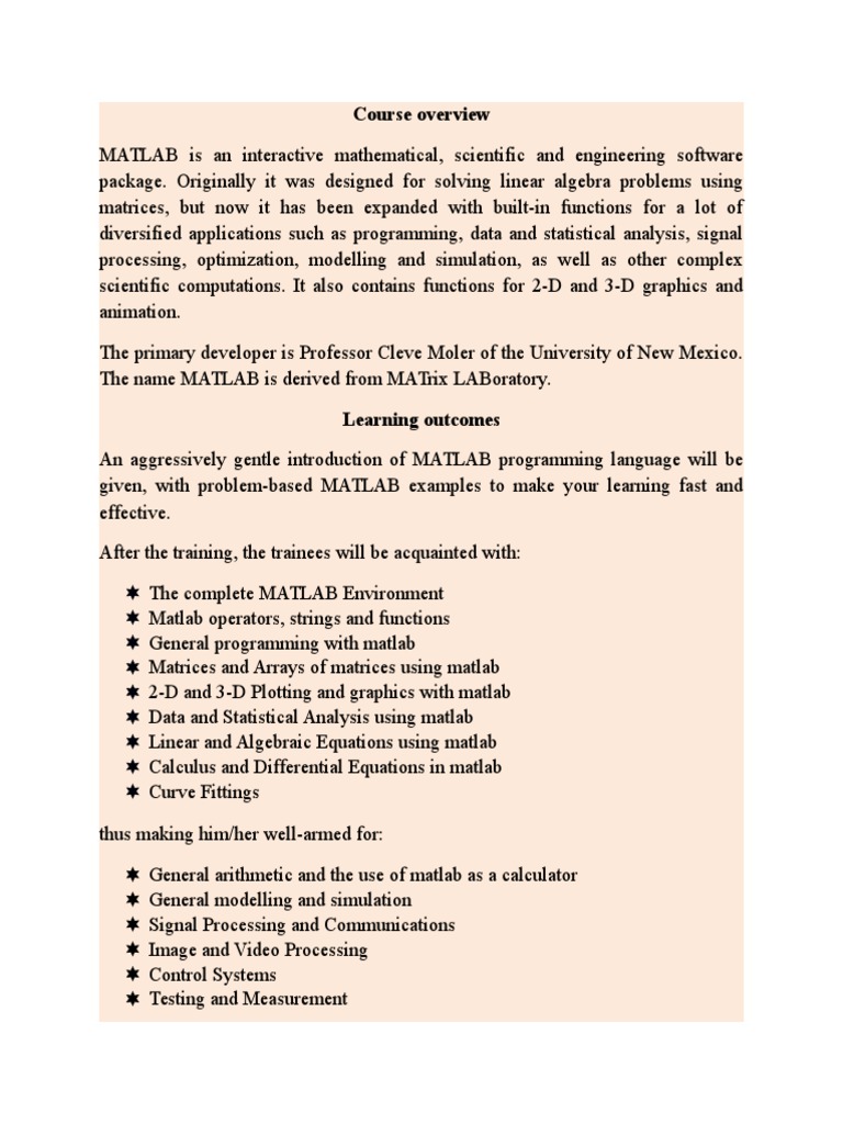 Matlab Course Overview 1 | PDF | Matlab | Matrix (Mathematics)