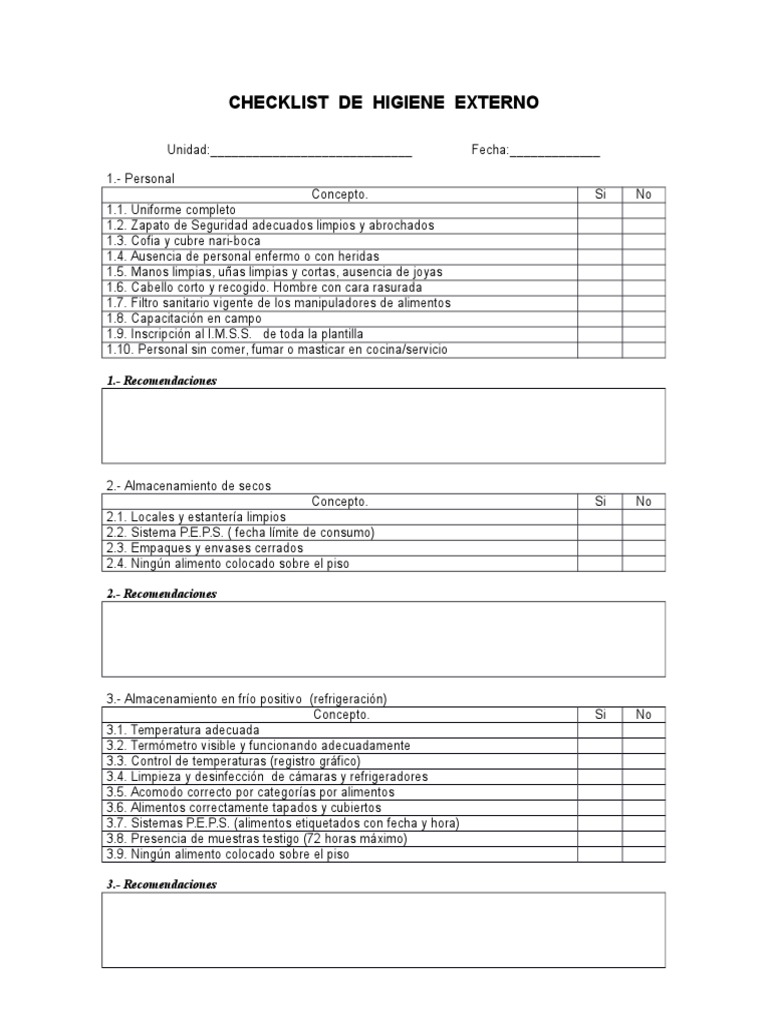 Checklist de Higiene Externo | PDF | Lavado de manos | Alimentos