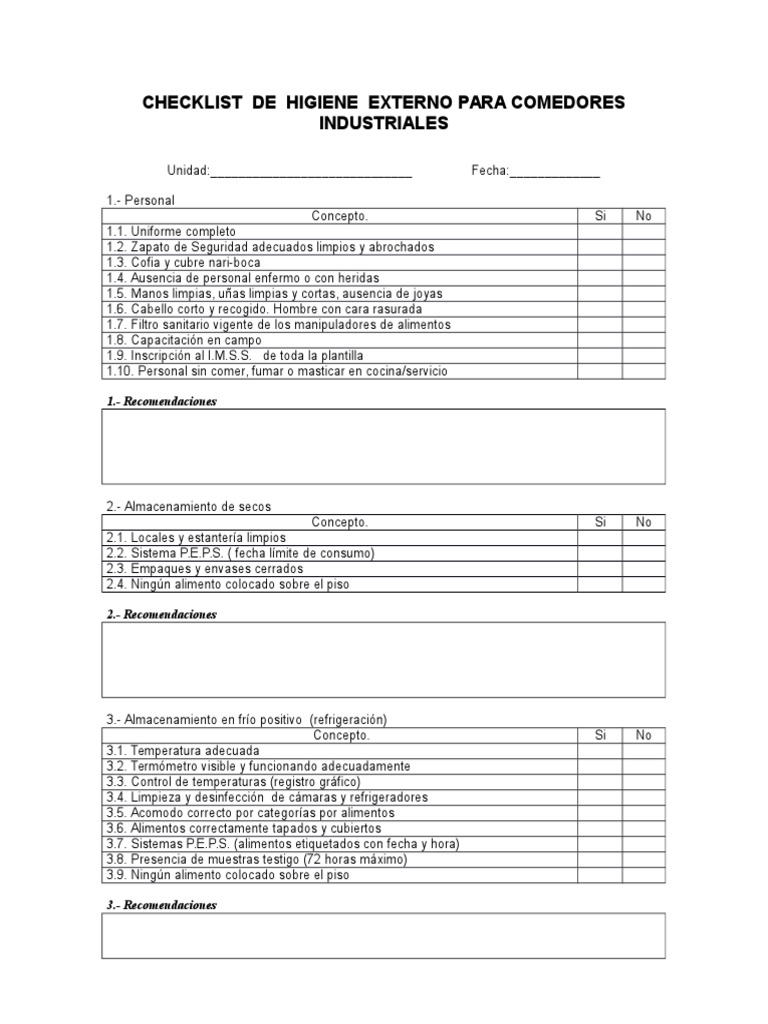 Checklist Para Comedores Industriales