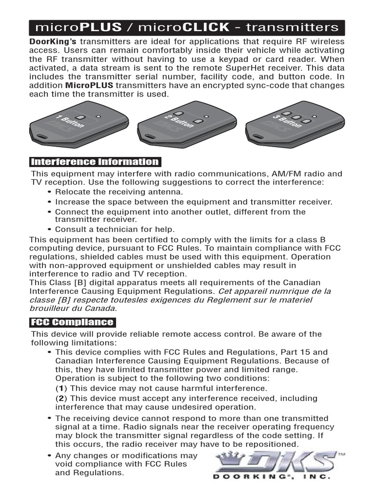 DoorKing MicroPLUS and MicroCLICK Transmitters: Wireless Access and ...