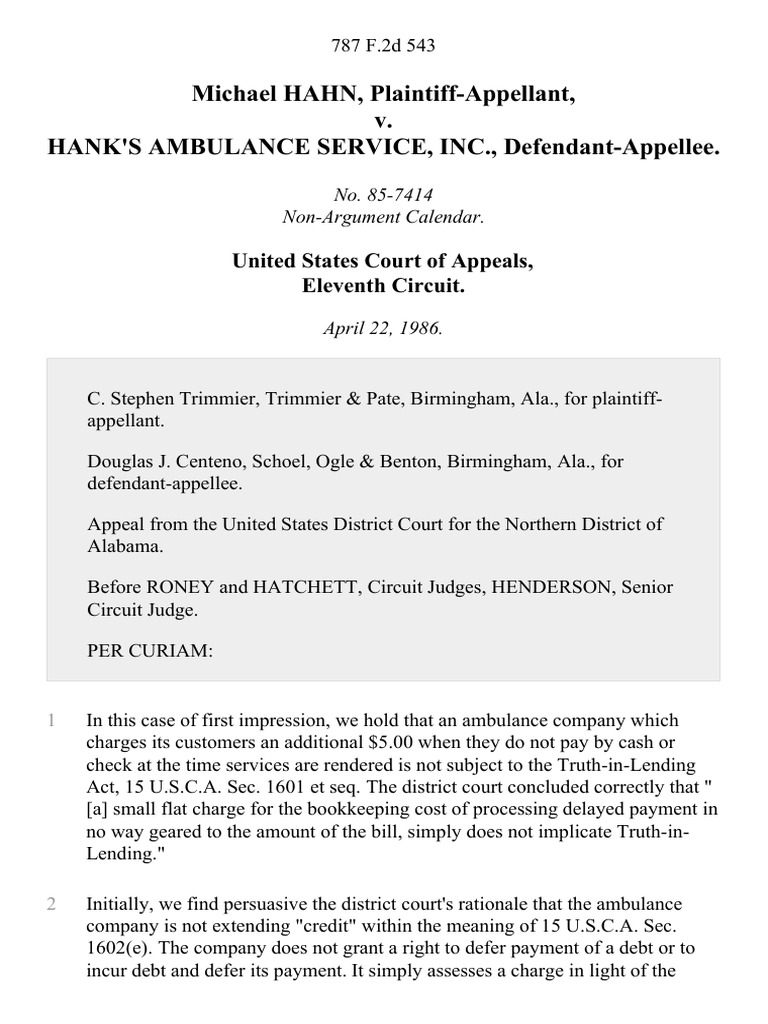 Michael Hahn v. Hank's Ambulance Service, Inc., 787 F.2d 543, 11th Cir. (1986) | PDF